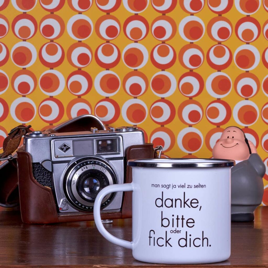 Emaille-Tasse "Bitte", weiß - Medienwerkstatt Vogel